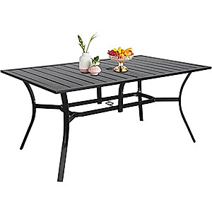 SOLAURA Outdoor Dining Table, 60" x 38" Patio Metal Steel Slat Table for 6-Person with 1.57" Umbrella Hole, for Gardens or Backyards, Black
