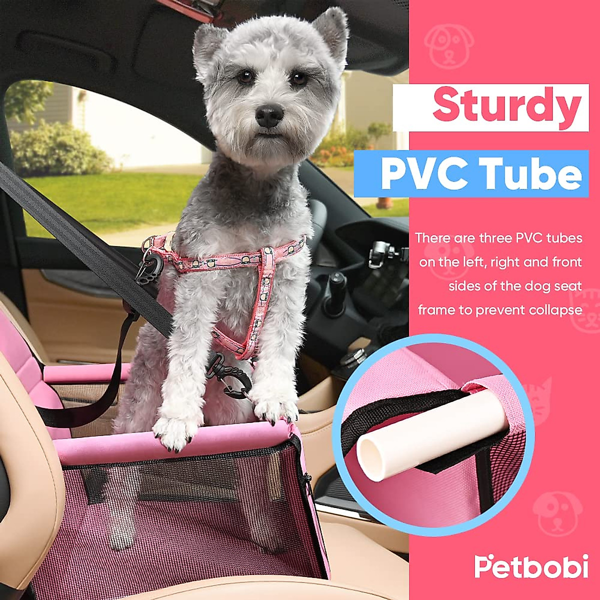 Petbobi Pet Reinforce Car Booster Seat for Dog Cat Portable and Breathable Bag with Seat Belt Dog Carrier Safety Stable for Travel Look Out,with Clip on Leash with PVC Tube, Pink