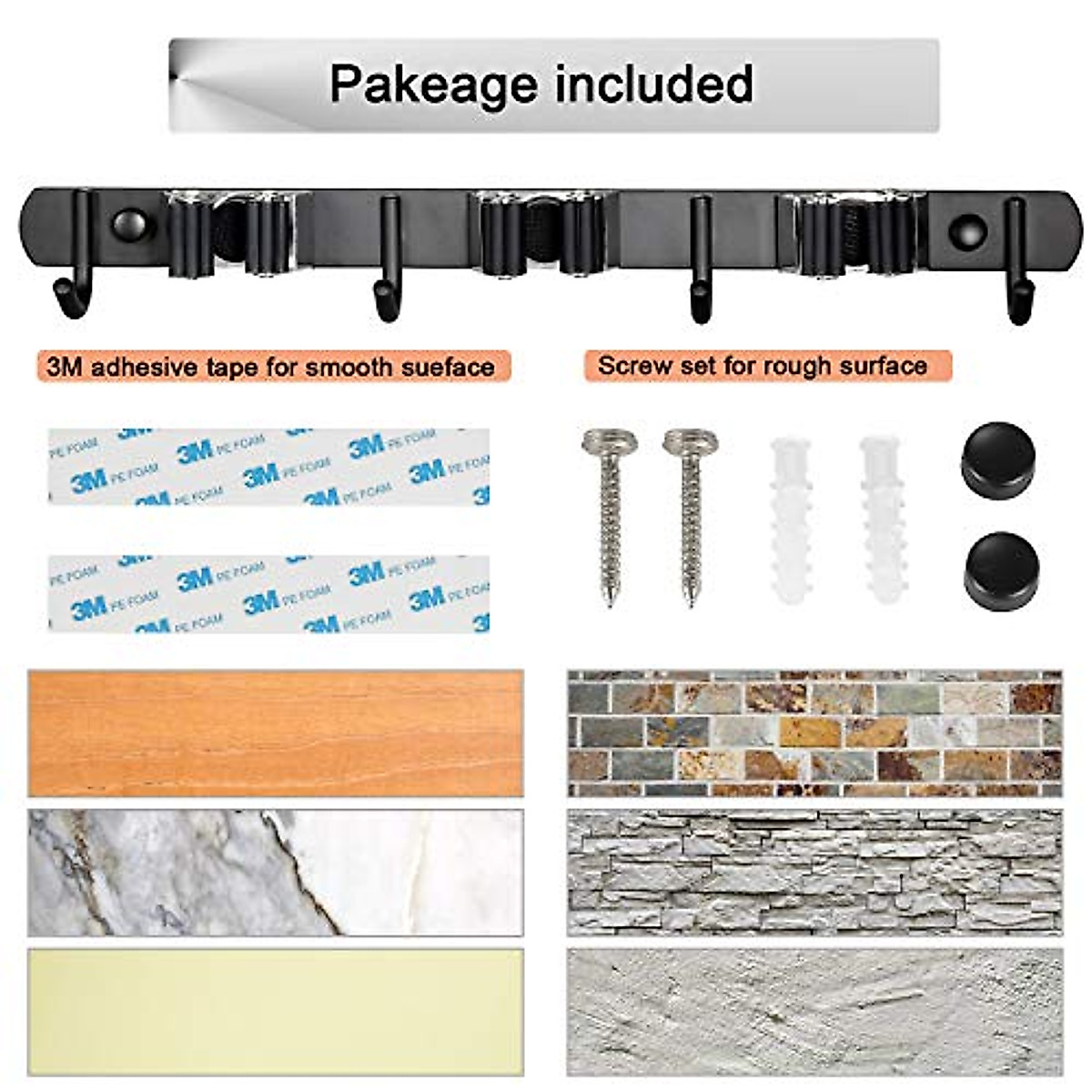 Goowin Broom Holder Wall Mount, Broom Holder, Heavy Duty Stainless Steel Broom and Mop Holder Wall Mounted with 3 Racks 4 Hooks for Bathroom Kitchen Office (Black)