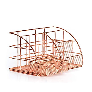 Rose Gold Desk Organizer for Women Cute Home Office Accessories & Supplies Decor, Girly Desktop Stationary Essentials Organization Set, Mesh Caddy Storage 5 Compartments +1 Mini Sliding Drawer