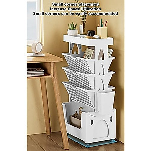 DULRLLY 5 Layer Rolling Book Cart for Teachers Movable Rolling Utility Storage Cart with Wheels Small Book Rack Storage Bookshelf Mobile Book Shelf Bookcase Organizer for Office Classroom(White)