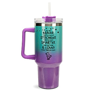 Elanze Designs Pooh Classic Bear Braver Stronger Smarter 40 oz. Stainless Steel, Large Water Bottle Coffee Mug, Spill & Leak Resistant, Thermal Travel Tumbler with Handle, Lid & Straw, Teal/Purple