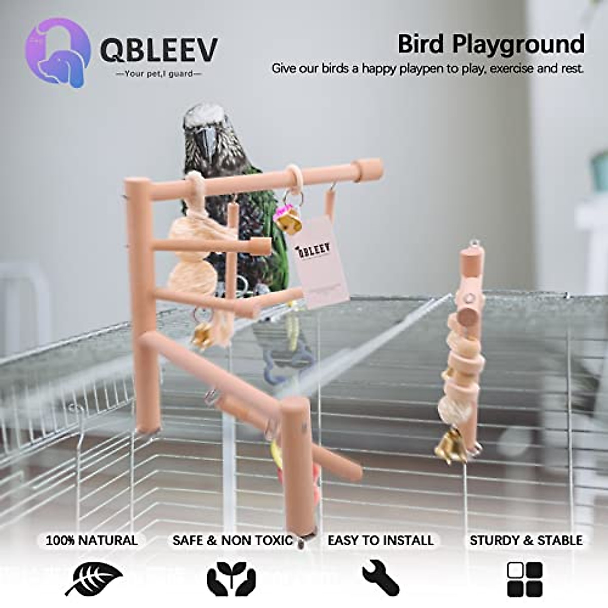 QBLEEV Bird Cage Play Stand Toy Set-Birdcage Wood Stands Hanging Chew Toys Ladder Swing Parrot Perch Play Gym Playground Accessories Activity Center for Conure, Parakeets, Budgie, Cockatiels,Lovebirds