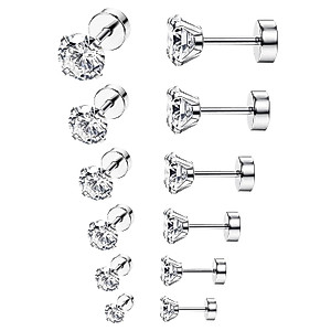 ORAZIO 6-8 Pairs 18G Stainless Steel Ear Stud Piercing Barbell Studs Earrings Round Cubic Zirconia Inlaid Cartilage Earring