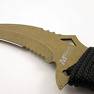 MTECH USA – Fixed Blade Knife – Gold Partially Serrated Stainless Steel Karambit Blade w/Black Cord Wrapped Handle, Full Tang, Black Nylon Sheath - Hunting, Camping, Survival, EDC – MT-20-76GD