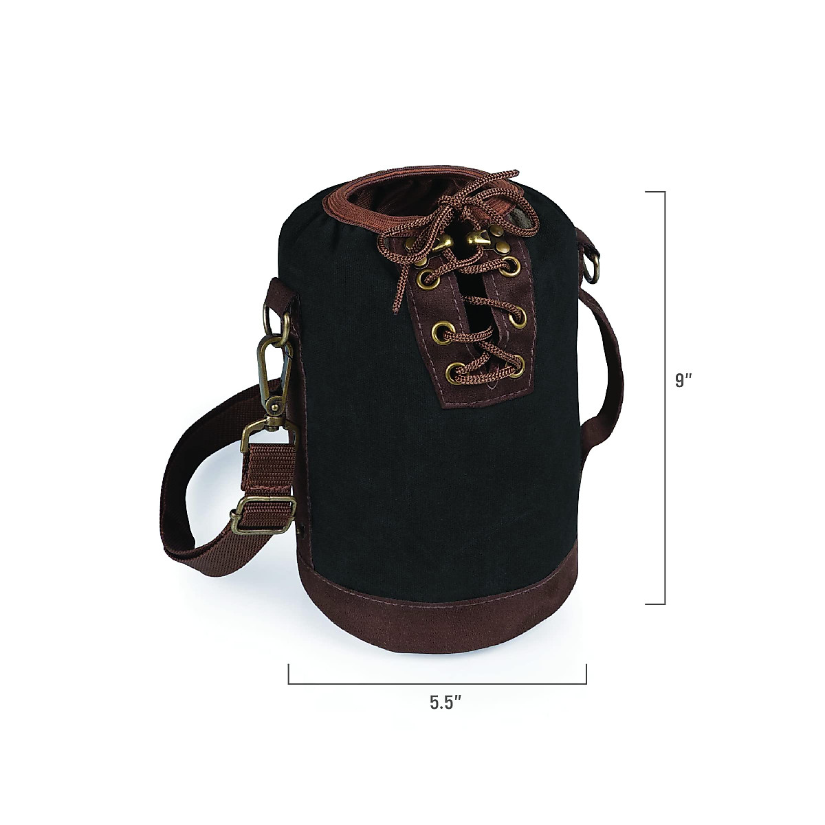 LEGACY - a Picnic Time brand Canvas Lace-up Insulated Growler Tote, Black with Brown Accents