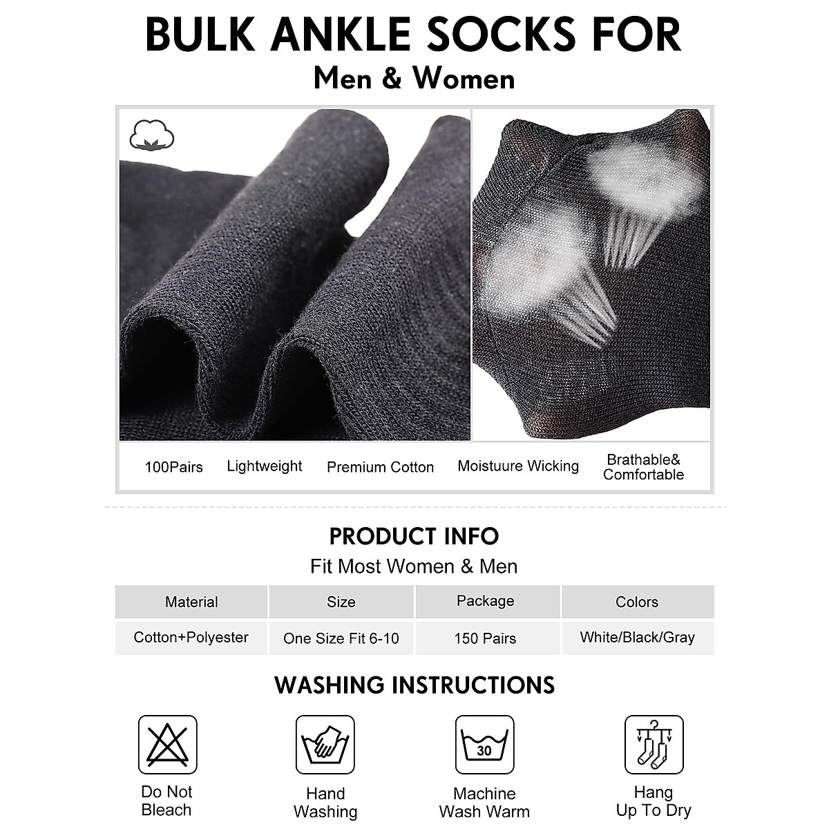 Tarpop 150 Pairs Men Quarter Ankle Socks Bulk Socks Athletic Moisture Wicking Socks Casual Sports Socks Pack (Black, White, Gray)