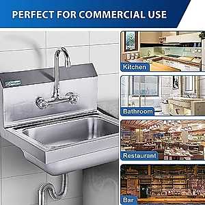 Chingoo Stainless Steel Sink with Faucet,Commercial Wall Mount Hand Basin for Washing for Restaurant, Kitchen and Home, 17 x 15 Inches