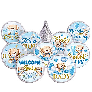 Clabby 504 Pieces Boy Girl Baby Shower Favors Stickers Mini Kisses Candy Stickers Chocolate Drop Labels Wrappers Little Cutie Baby Shower Decoration for Sprinkle Birthday Party(Blue Bear)