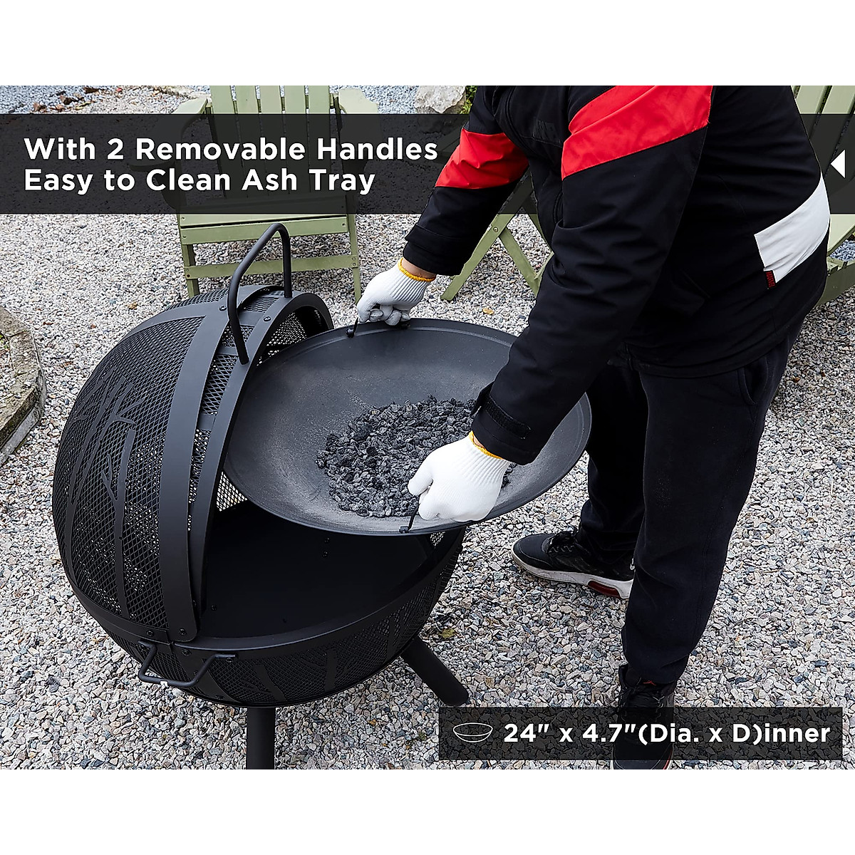 PaPaJet 35 inch Flaming Ball Fire Pit for Outside, Bonfire Wood Burning Fire Pit with Spark Screen, Tree Pattern for Patio Backyard Garden