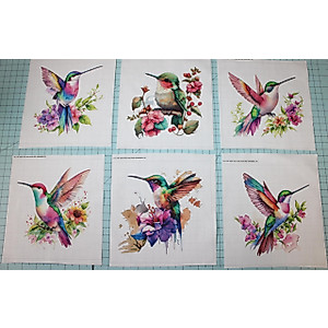 6 Piece 6"x6" Hummingbirds Fabric Panel Squares - Quilting Panel Blocks
