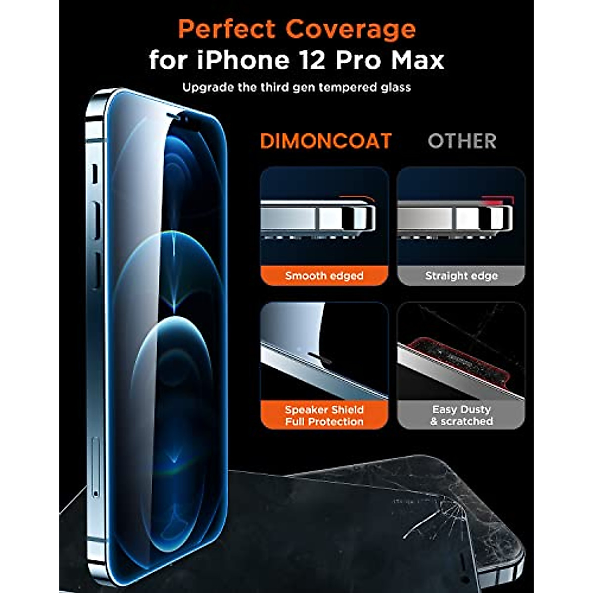 DIMONCOAT [4+2]Pack [Auto Alignment Kit] Screen Protector Compatible iPhone 12 Pro Max 6.7'' with Camera Lens Protector 10X Military Protection 12 Pro Max Diamonds Hard Tempered Glass Film Bubble Free
