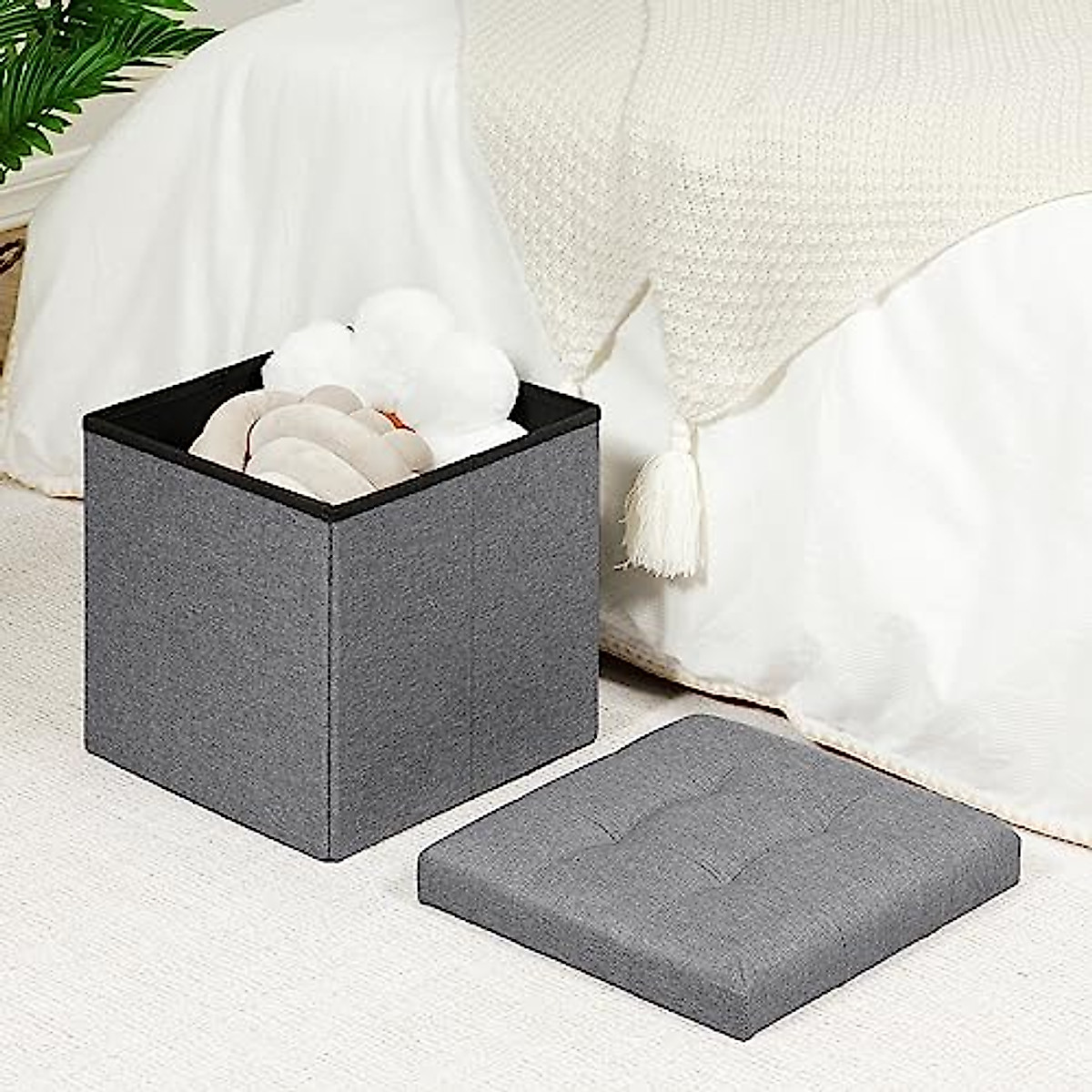 B FSOBEIIALEO Storage Ottoman Cube, Toy Chest Folding Footrest for Living Room Seat, 12.6"X12.6"X12.6" (Linen Grey)