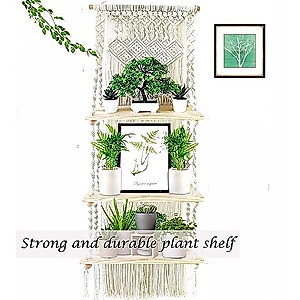 Induslyfe Macrame Wall Hanging Shelf Tier 3 Boho Hanging Wall Decor Boho Shelf Wall Decor Plant Rack Shelf, Boho Bookshelf Wall White Hanging Shelf Woven Rope for Boho Bathroom decor Bedroom Bookshelf