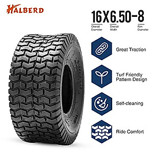 HALBERD 16x6.50-8 Turf Friendly Tire for Lawn & Garden Mower,16x6.5-8 Great Traction for Garden Tractors, Walk-behind Mowers, Turf Maintenance Vehicles, Golf Carts, Snowblowers, Utility Vehicles -LRB