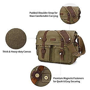 Kattee Military Messenger Bag Canvas Leather Shoulder Bag Fits 15.6 Inch Laptop (Army Green)