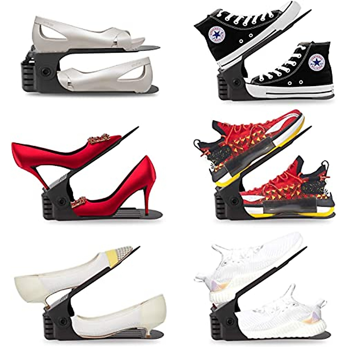 Set of 20 Adjustable Shoe Risers, Double Your Storage Space, 50% Space Saving Double Layer, Shoe Holder Rack Stacker Slots for Closet Shelf Organizer (White)