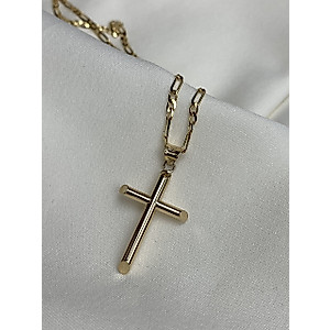 14K Yellow Gold Classic Cross Pendant with 1.9mm Figaro 3+1 Chain Chain Necklace - 20"