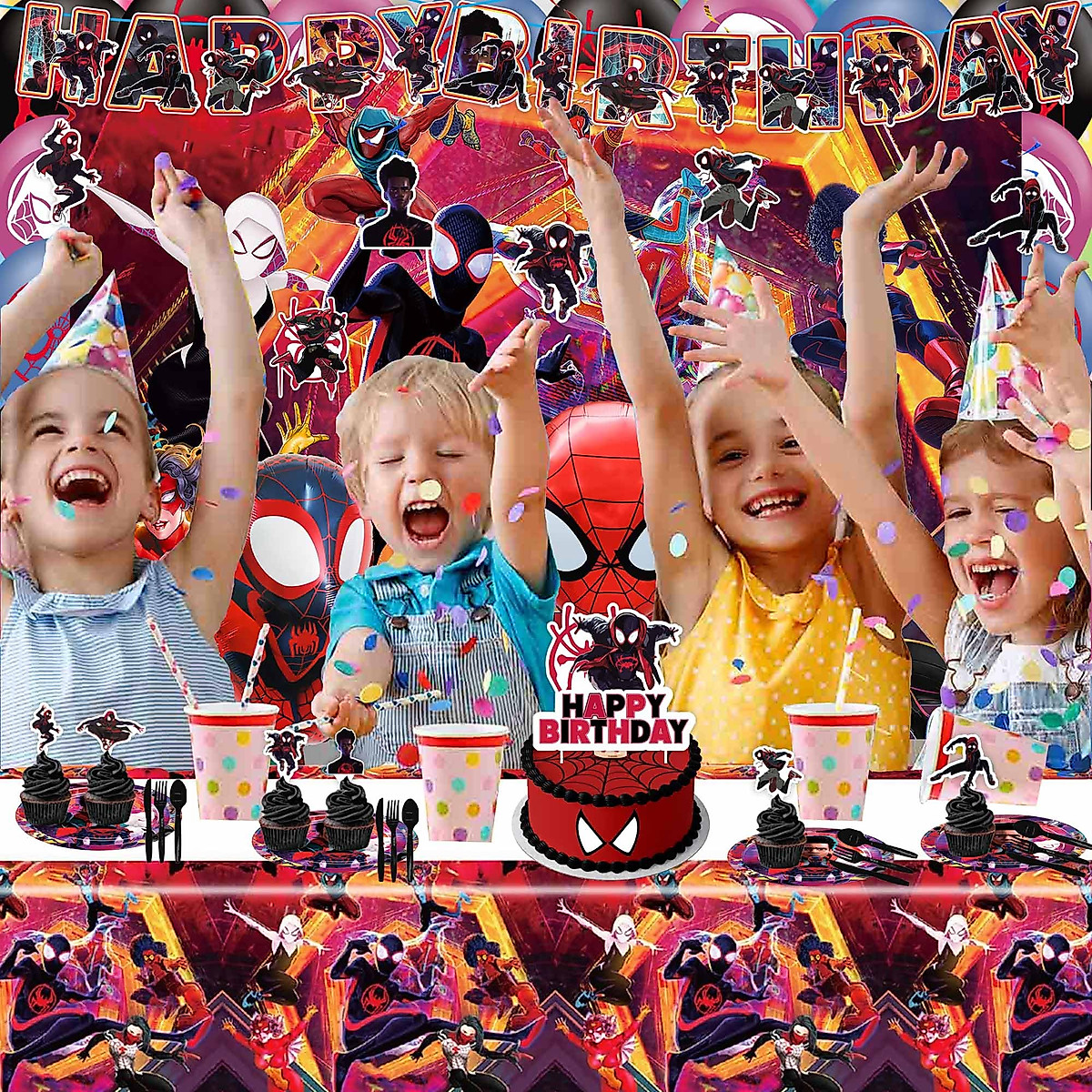 Spider Miles Morales Birthday Party Decorations, Spider Miles Party Supplies Include Birthday Banner, Balloons, Tablecloth, Plates, Cupcake Toppers, Backdrop for Black Spider Birthday