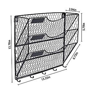 Superbpag Hanging Mail Sorter Organizer 3-Tier Metal Chicken Wire Wall Mount Magazine Literature Rack with Key Holder, Black