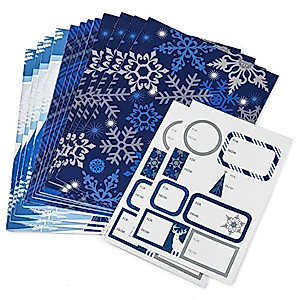 Hallmark Flat Christmas Wrapping Paper Sheets with Cutlines on Reverse and Gift Tag Seals (12 Folded Sheets, 16 Stickers) Blue and Silver Snowflakes, Deer Forest Scene, Blue Tartan Plaid
