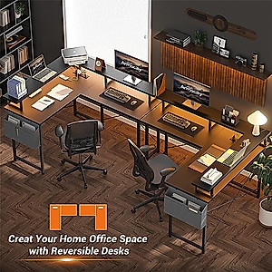 armocity L Shaped Computer Desk with Power Outlets, 40 Inch Gaming Desk L Shaped with LED Lights, Corner Desk with Storage Shelves, Work Study Desk for Bedroom, Home Office Small Spaces, Black
