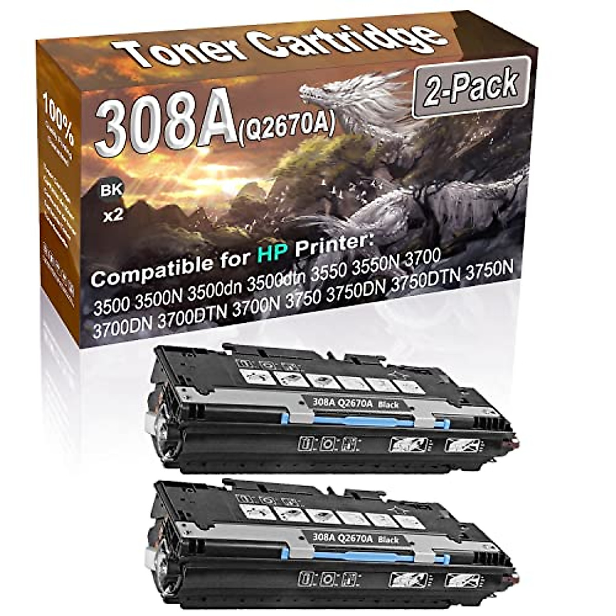2-Pack Compatible High Capacity 308A (Q2670A) Imaging Toner Cartridge Used for HP 3500 3500N 3500dn 3500dtn 3550 3550N 3700 3700DN 3700DTN 3700N Printer (Black)
