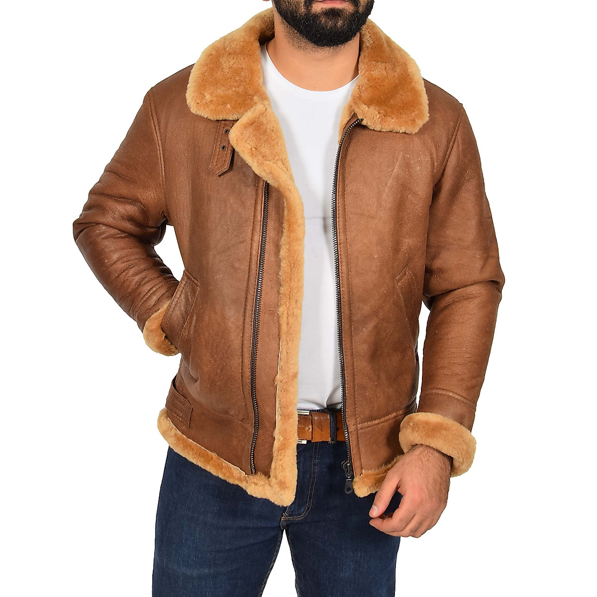 A1 FASHION GOODS Real Sheepskin Flying Jacket Vintage Tan Shearling Bomber Authentic Aviator Coat Tornado (Large)