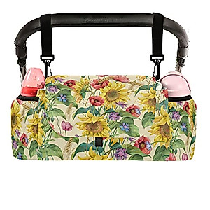 Sunflower Cornflower Leaves Stroller Organizer with Cup Holder Universal Stroller Organizer Bag Detachable Shoulder Strap Stroller Accessories for Diaper Phone Keys Toys Fit All Baby Stroller