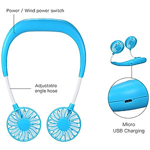 Hands Free Portable Neck Fan - Portable USB Battery Rechargeable Mini Fan with 3 Speeds Modes- Cooler Fan with Dual Wind Head for Home Office Travel Indoor Outdoor (Blue)