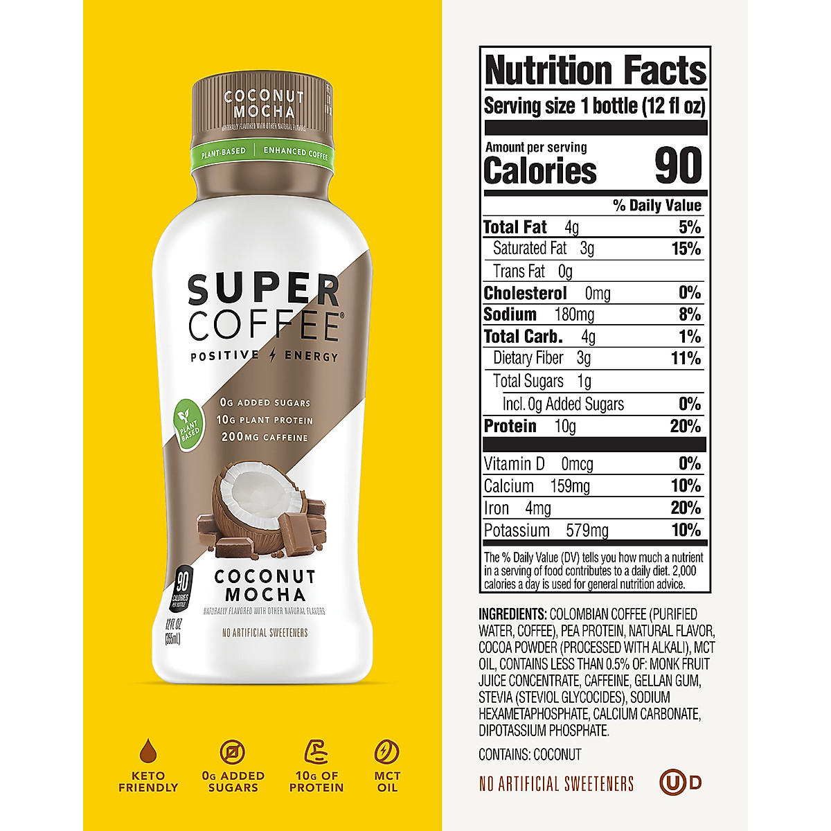 Super Coffee, Ready To Drink Iced Coffee, Coconut Mocha (12 Ounce Bottles, Pack of 12) - Low Net Carbs, No Added Sugar, Keto Friendly, 10g of Protein, Low Calorie, Protein Coffee, Smart Coffee