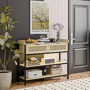 Rattan Console Table Boho Entryway Table Narrow Long Sofa Table Hallway Foyer Table Behind Couch Table with 2 Drawers and Sockets Storage Shelf LED Lights for Living Room and Corridor (Wood)