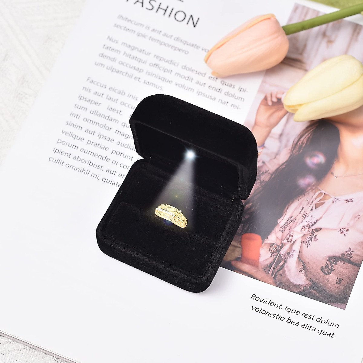 Omeet Velvet Metal Glossy with LED Jewelry Gift Box for Proposal, Engagement, Wedding - Easy to fit into Your Pocket or Handbag