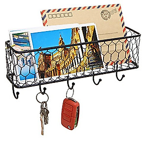 MyGift Wall Mounted Farmhouse Matte Black Chicken Wire Metal Entryway Mail Holder Letter Organizer Storage Basket with 5 Key Hooks
