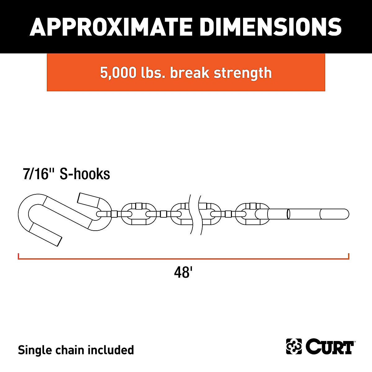 CURT 80030 48-Inch Trailer Safety Chain with 7/16-In S-Hooks, 5,000 lbs Break Strength , White