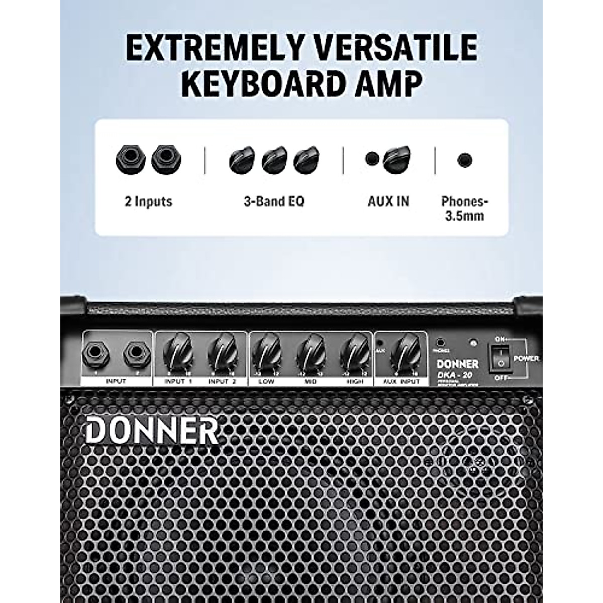 Donner DKA-20 Keyboard Amplifier 20 Watt Keyboard AMP with Aux in and Two Channels, Bass Guitar Amp, Piano Amplifier, Electronic Drum Speaker Support for Microphone Input