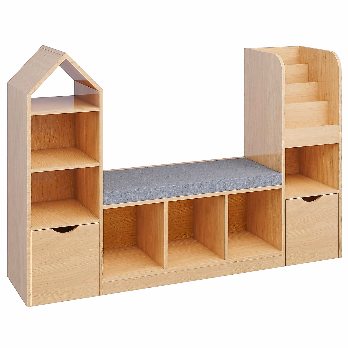 Halitaa Kids Bookcase and Bookshelf with Reading Nook, Toy Storage Organizer for Kids, Oak Bookcase with 7 Storage Cubbies 2 Movable Drawers and Seat Cushion for Kids Room, Playroom, Bedroom