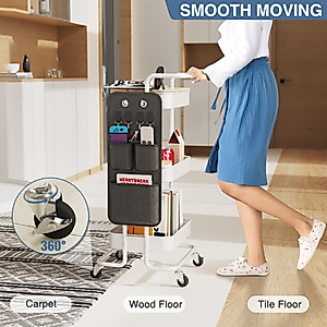 DTK 3 Tier Metal Utility Rolling Cart with Table Top and Side Bags, Metal Tray Storage Organizer Cart with Wheels, Art Craft Cart with 4 Hooks for Kitchen Bathroom Office Living Room (White)