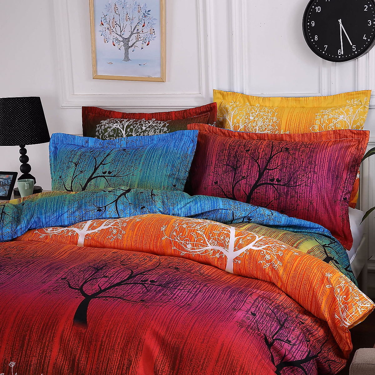 Swanson Beddings Rainbow Tree 4 Piece Bedding Set: Duvet Cover, Fitted Sheet and A Pair of Pillowcases (Cal King)