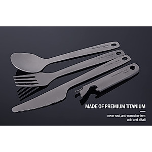 iBasingo Titanium Knife Fork Spoon Bottler Opener Tableware Set 4 in 1 Storage Design Protable Lightweight Cutlery for Outdoor Camping Kitchen CJ-Ti1066T