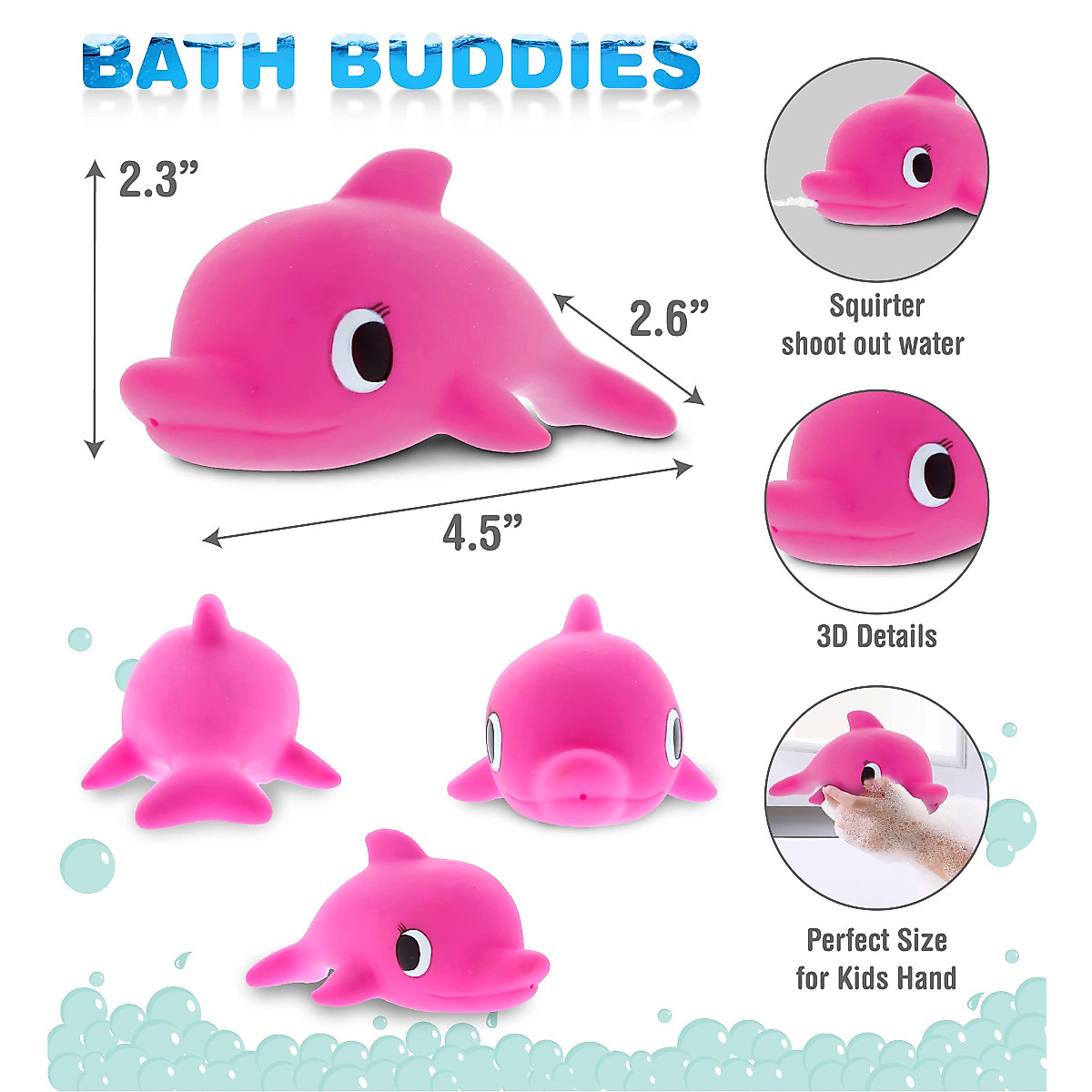 DolliBu Dolphin Bath Buddy Squirter - Floating Pink Dolphin Rubber Bath Toy, Fun Water Squirting Bathtime Play for Toddlers, Cute Sea Life Animal Toy for The Bathtub, Beach, & Pool for Girls & Boys