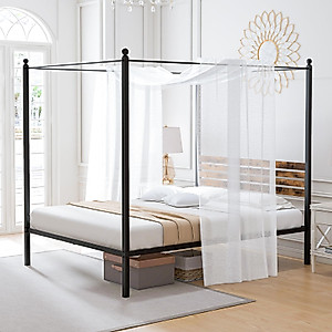 Giantex Metal Canopy Bed Frame Queen Size, 4-Poster Platform Bed with Industrial Headboard and Under Bed Storage, Heavy-Duty Mattress Foundation No Box Spring Needed, Easy Assembly, Black
