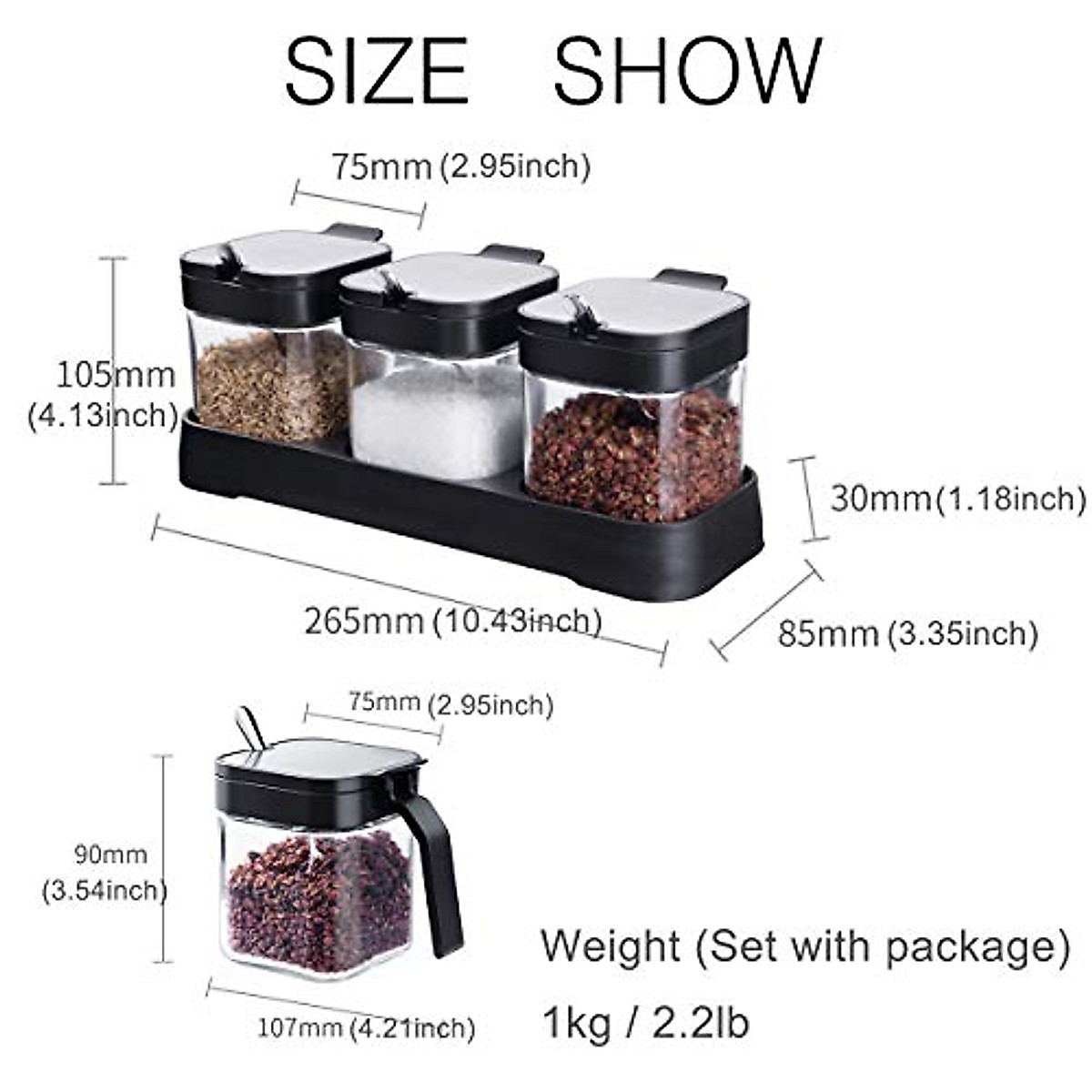 QAZSE Sugar Bowl with Lid and Spoon Glass Square 8 Ounce Clear Seasoning Jars Pepper Salt Spice Containers Gourmet Food Condiment Organizer with Base, Set of 3, Black