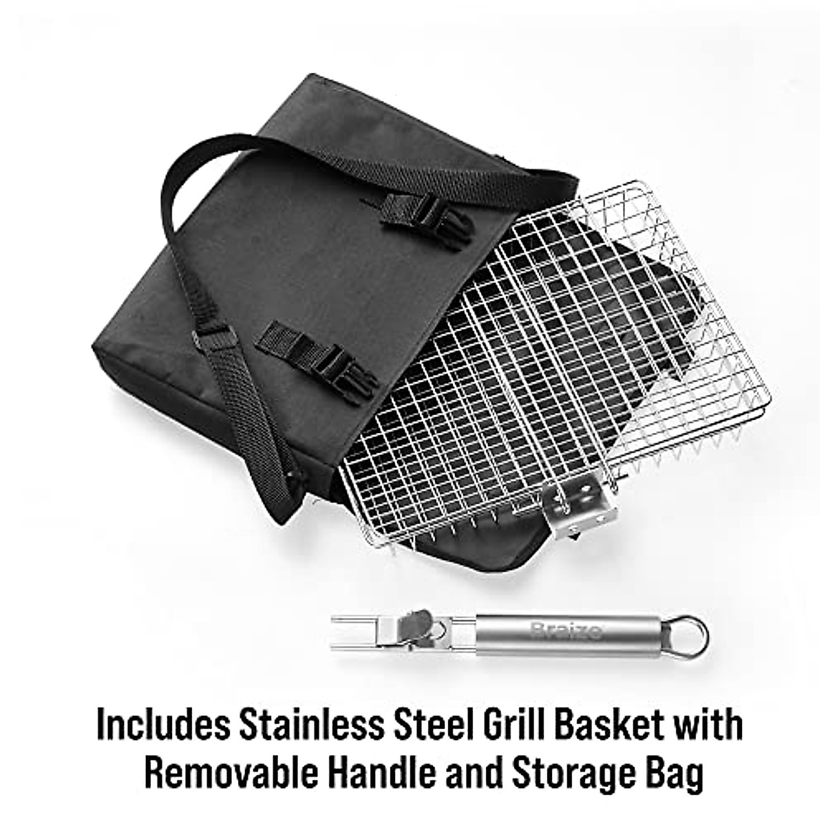 Braize Grill Basket with REMOVABLE HANDLE, fish grill basket - accessories for outdoor grill, cooking accessories, bbq grill. Grilling grilling set camping gear accessories.