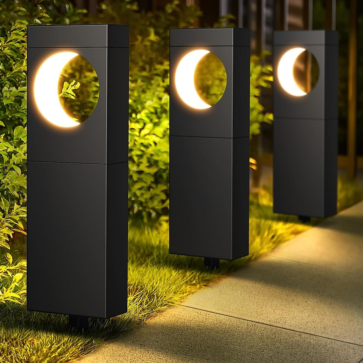 E-Kong Solar Outdoor Lights 6 Pack, Bright Pathway Outdoor, Achieve IP65 Waterproof, Moon Shape Landscape, Auto On/Off for Outside Yard Garden Path, Warm White