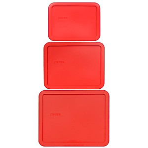Pyrex (1) 7212-PC 11-Cup Red Lid, (1) 7211-PC 6-Cup Red Lid, & (1) 7210-PC 3-Cup Red Plastic Storage Lid, Made in USA