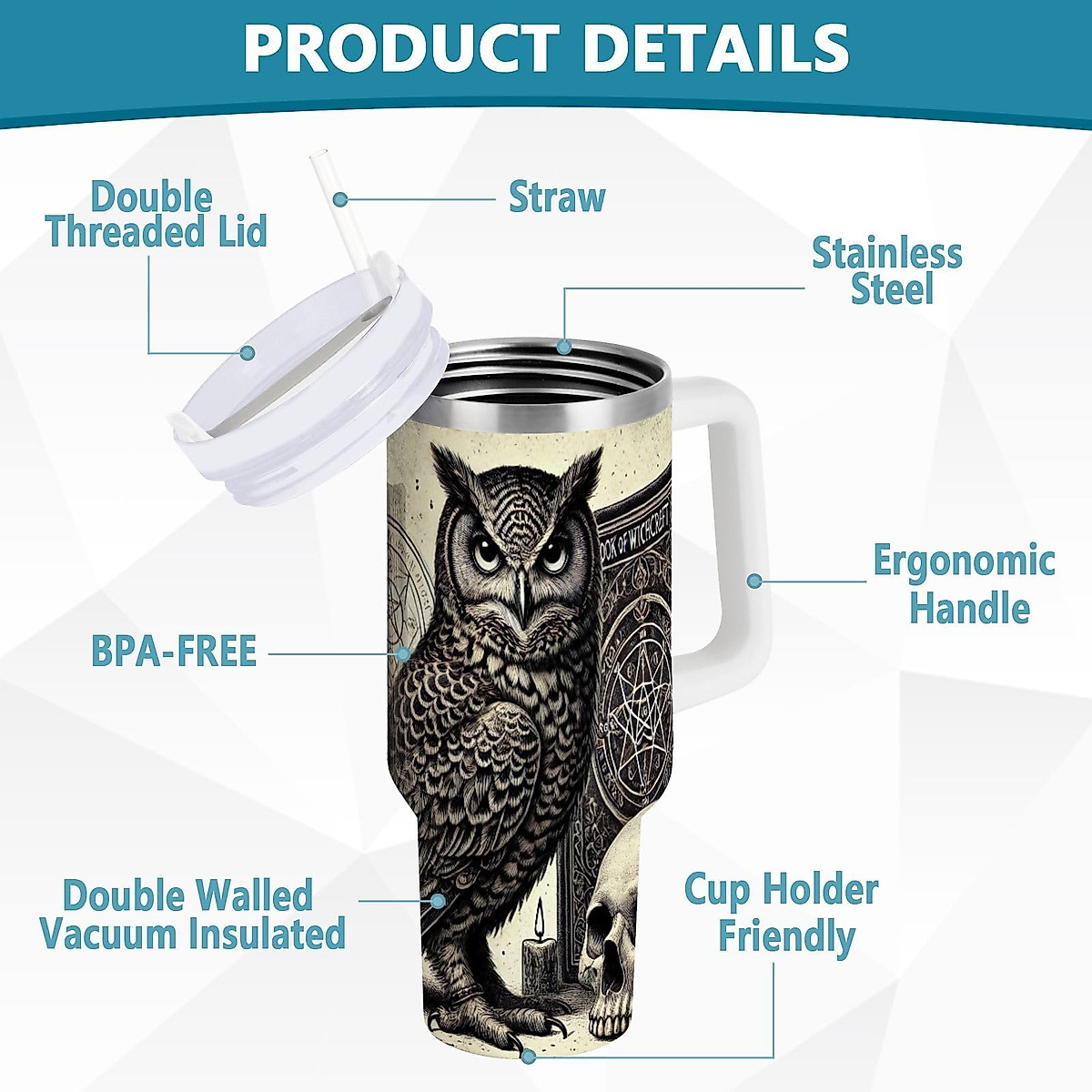 ODAWA Mystic Owl Skull Coffee Tumbler with Lid and Straw Insulated Mug 30 Oz Stainless Steel Water Bottles