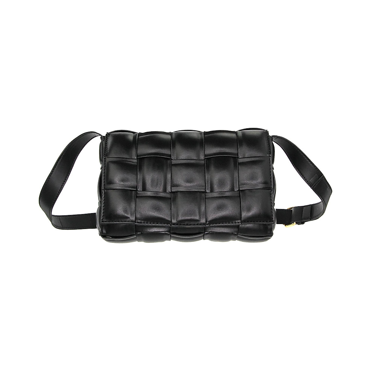 Olivia Miller Women Quilted Woven Black Faux Vegan Leather Front Flap Cassette Crossbody Shoulder Bag Adjustable Shoulder Strap Chic Square Designer Casual Purse Handbag