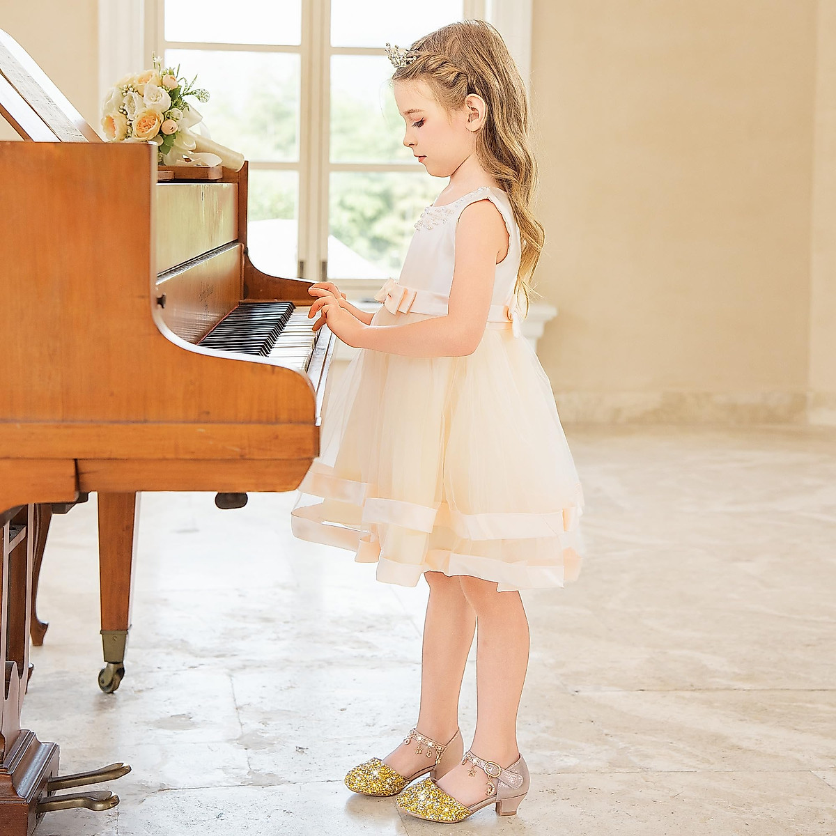 Furdeour Girls Sandals Gold Size 2 High Heels Party Little Kid Flower Big Kid Girl Princess Wedding Prom(2902Gold 2)