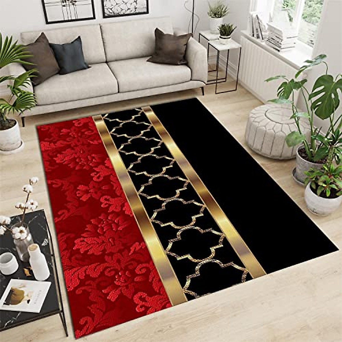 Large Abstract Art Area Rug,5x7ft,Minimalist Modern Red Gold and Black Living Room Decorative Carpet，Suitable for Bedroom Office Study Dining Room Soft and Comfortable Creative Design Carpet Mat